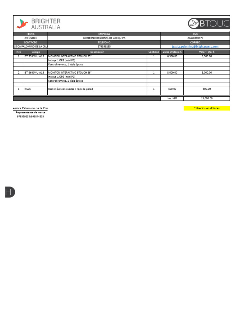 Cotizacion Monitores Interactivos Gra | PDF