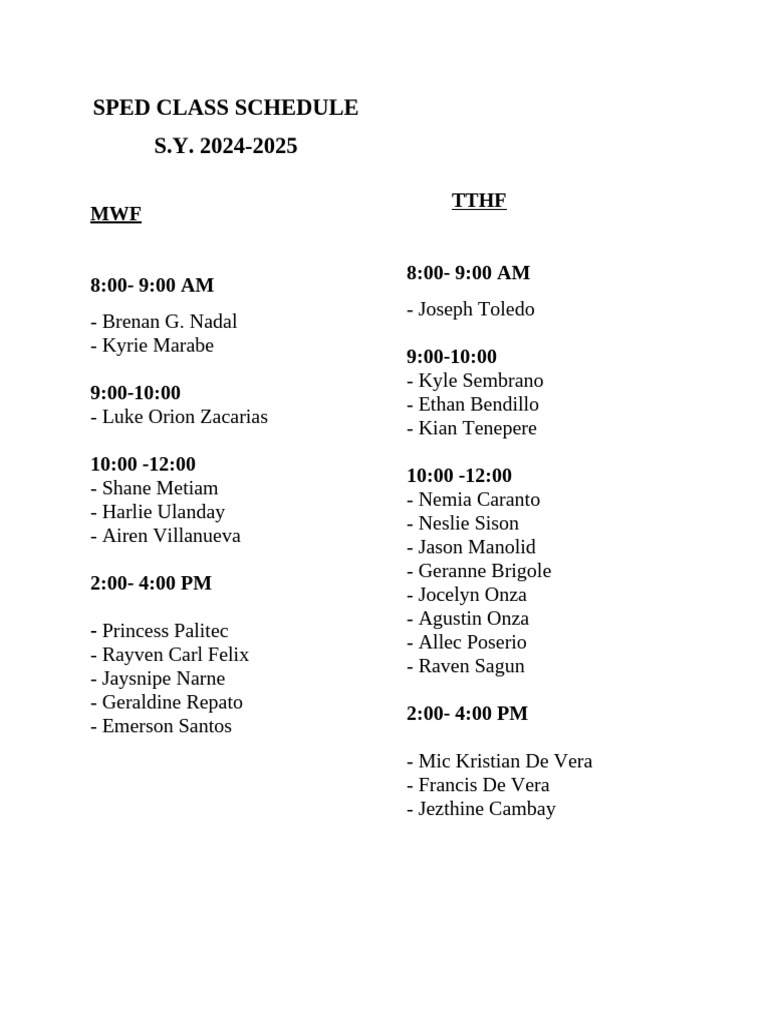 Revised Sped Class Schedule | PDF