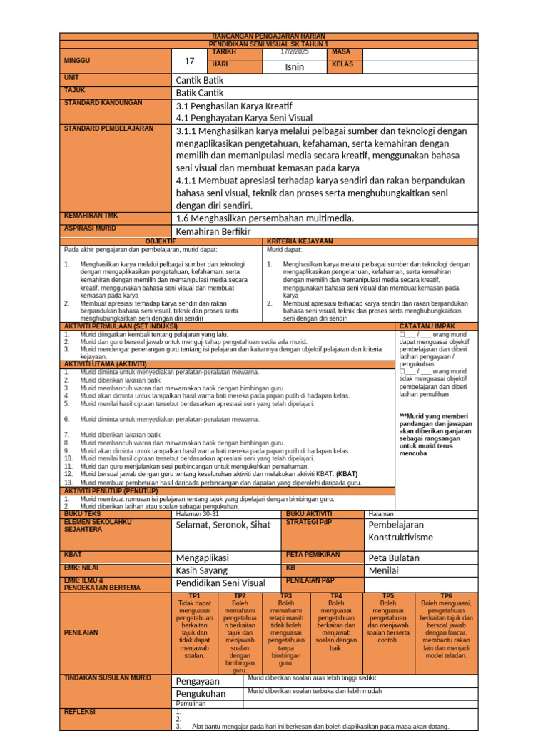 RPH Minggu 17 PSV SK THN 1 2025 by Cikgu Gorgeous | PDF