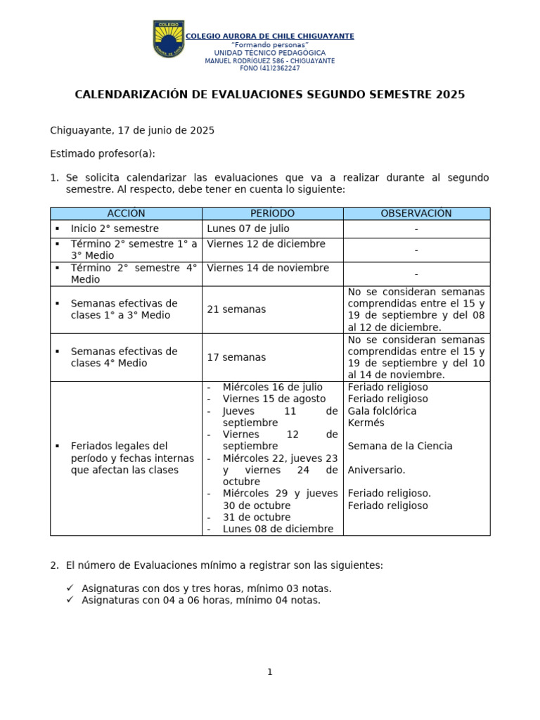 Calendarización Evaluaciones 2° Semestre 2025 | PDF