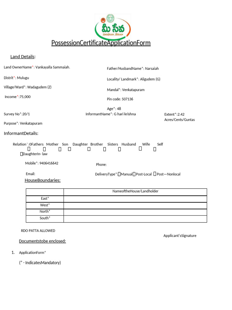 Possession Certificate Applicationform | PDF