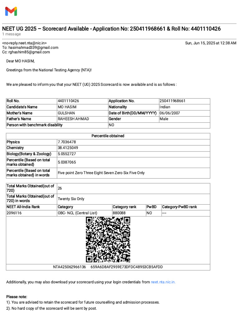 Gmail - NEET UG 2025 - Scorecard Available - Application No - 250411968661 & Roll No ...