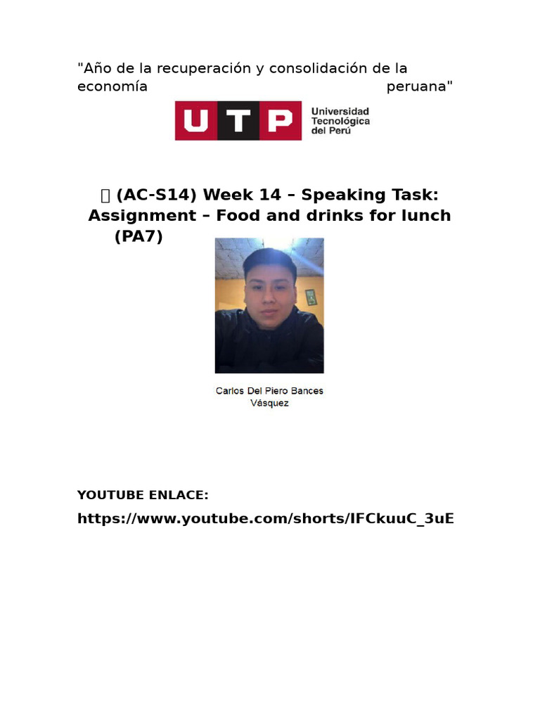 Week 14 - Speaking Task - Assignment - Food and Drinks For Lunch (PA7) | PDF