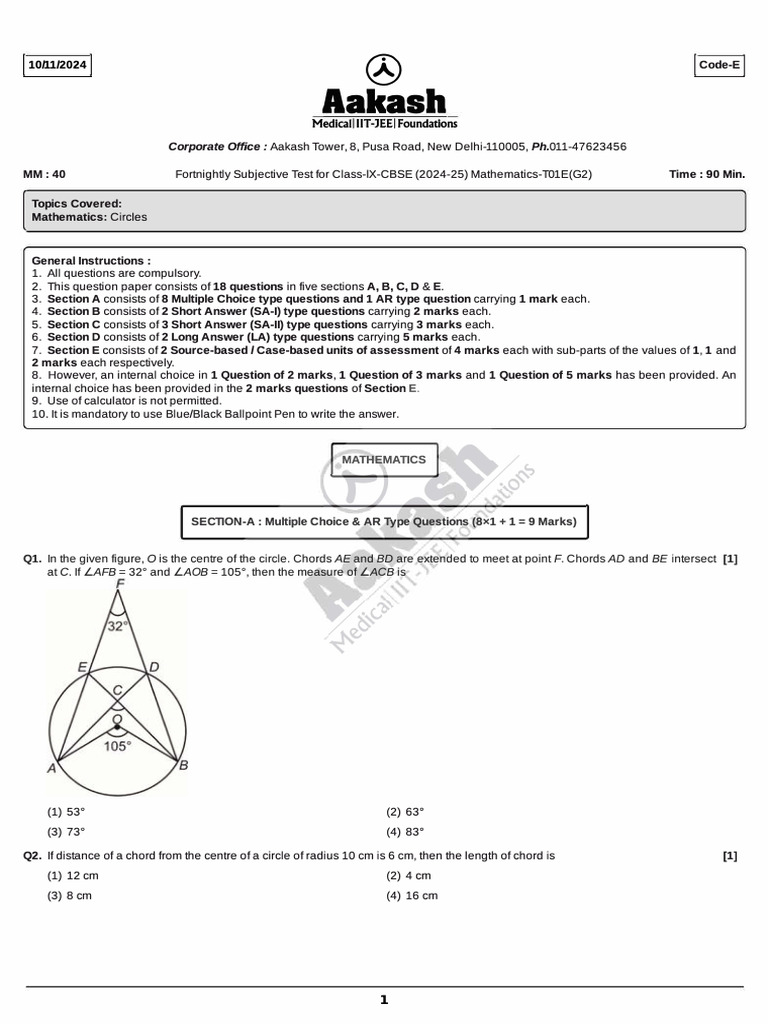 Class IX CBSE Mathematics Test 2024-25 | PDF | Circle | Analytic Geometry