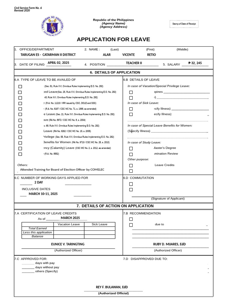 CS Form No. 6, Revised 2020 (Application For Leave) | PDF | Parental Leave | Justice