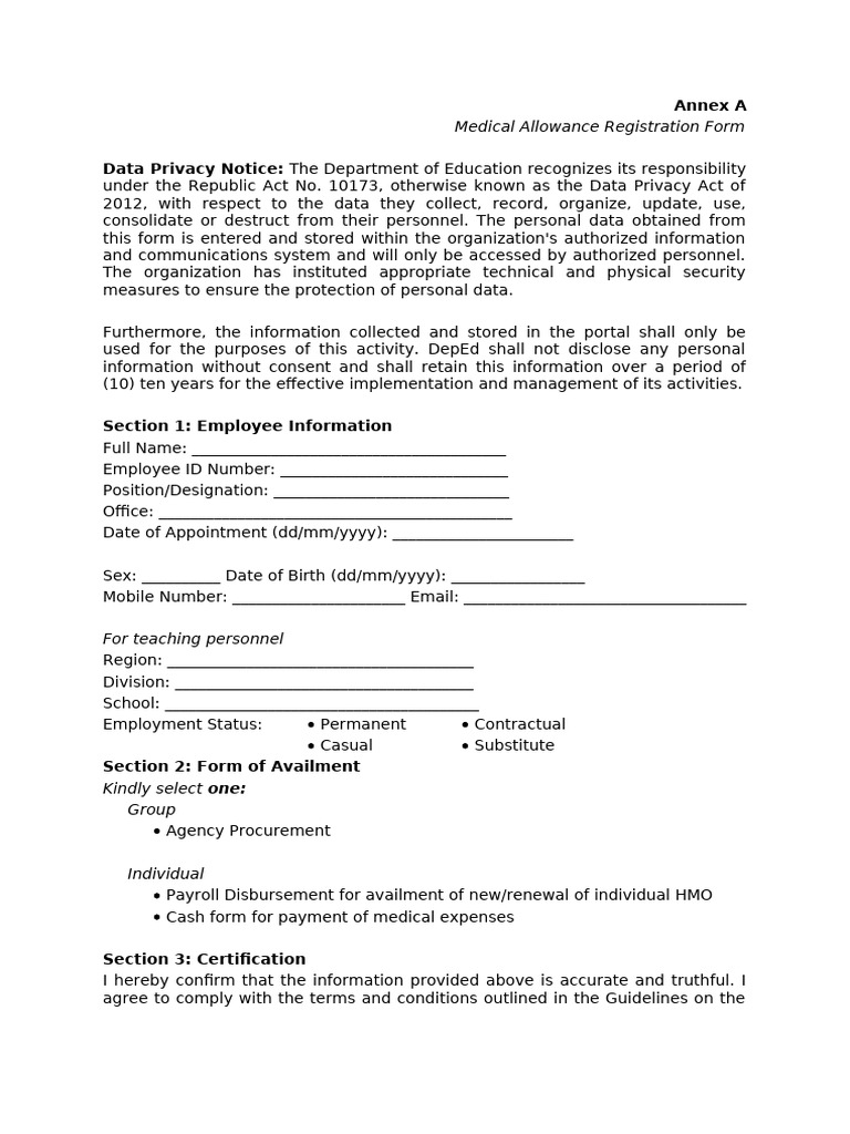 Annex A Medical Allowance Registration Form | PDF