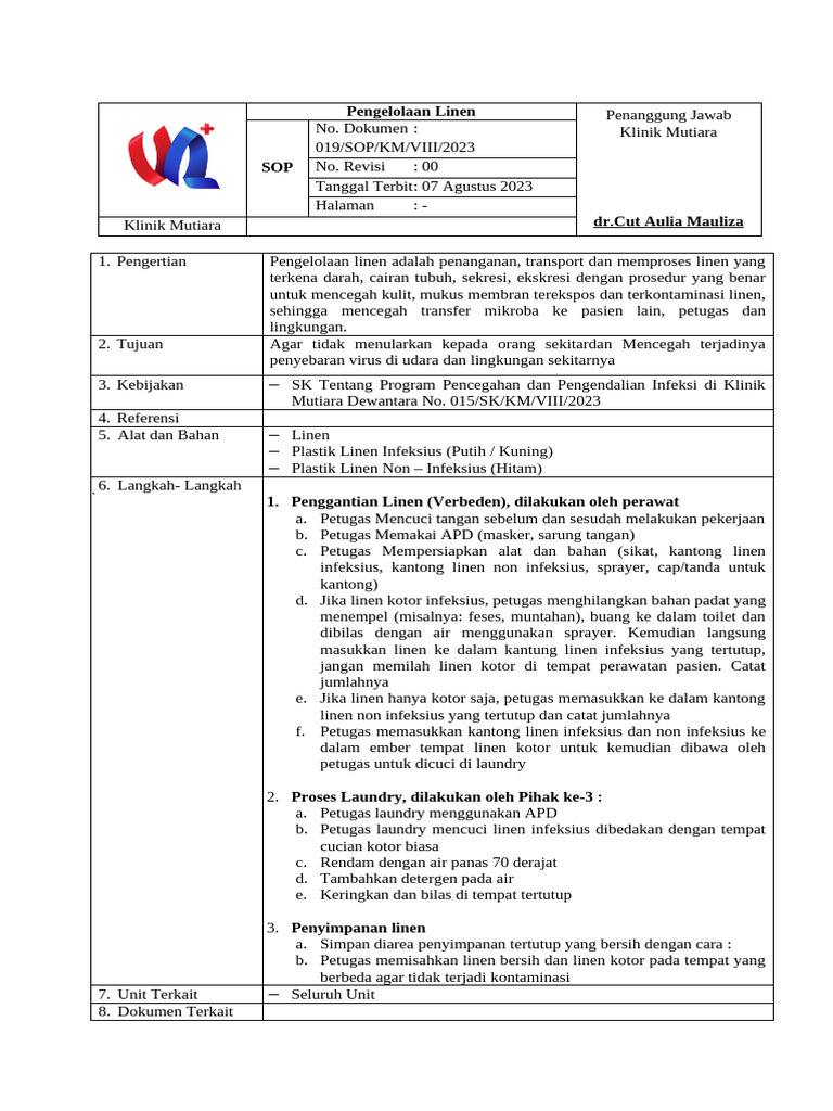 Sop Manajemen Linen | PDF