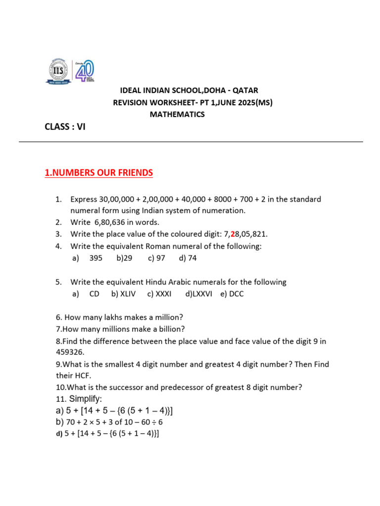 Mathematics Revision Worksheet, Pt1 Class 6 - Morning Session | PDF | Prime Number | Numbers