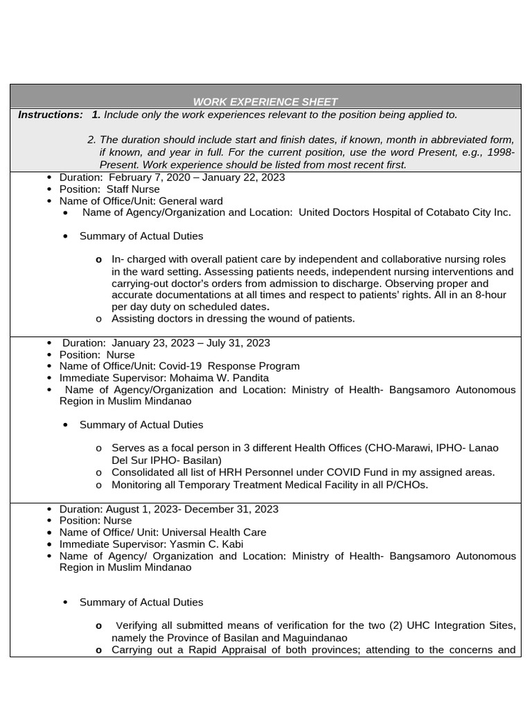 Nurse Work Experience Sheet Sample | PDF | Patient | Nursing