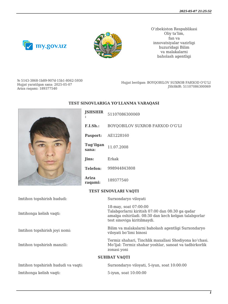 Test Sinovlariga Yo Llanma Varaqasi Jshshir: F.I.Sh.: Pasport: Tug ...