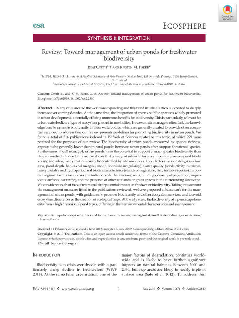 Urban Pond Management for Biodiversity | PDF | Pond | Wetland