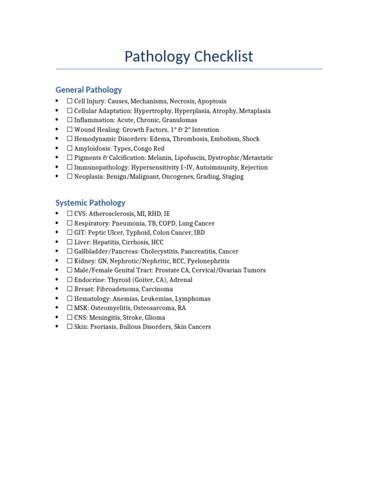 Comprehensive Pathology Checklist | PDF