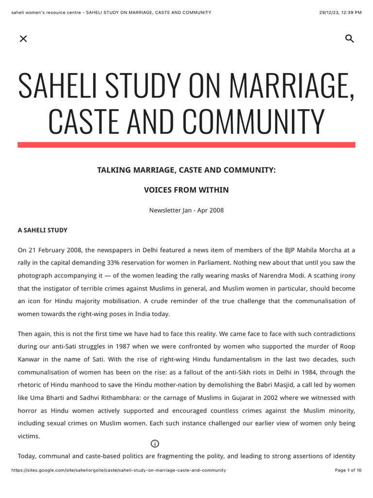 Saheli Study: Women, Marriage, Caste | PDF | Marriage | Woman