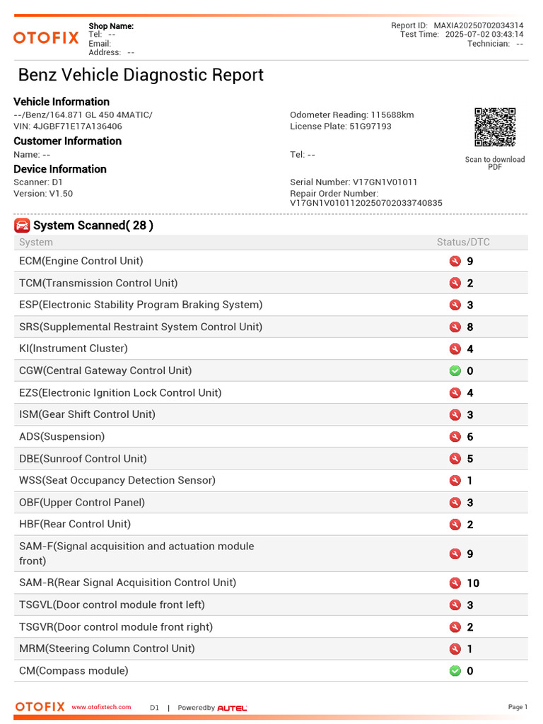 Benz Vehicle Diagnostic Report - 4JGBF71E17A136406 - 2025072034314 ...