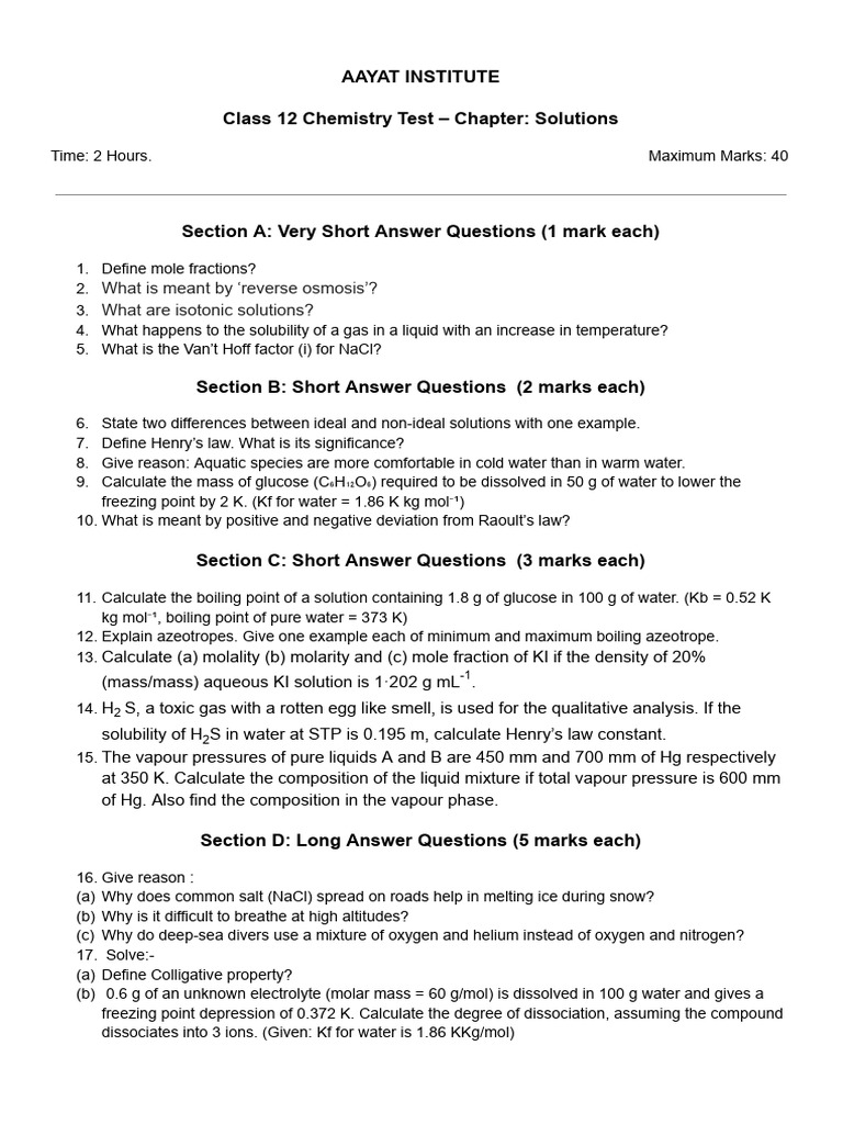 Class 12 Chemistry: Solutions Test | PDF | Chemistry | Thermodynamics