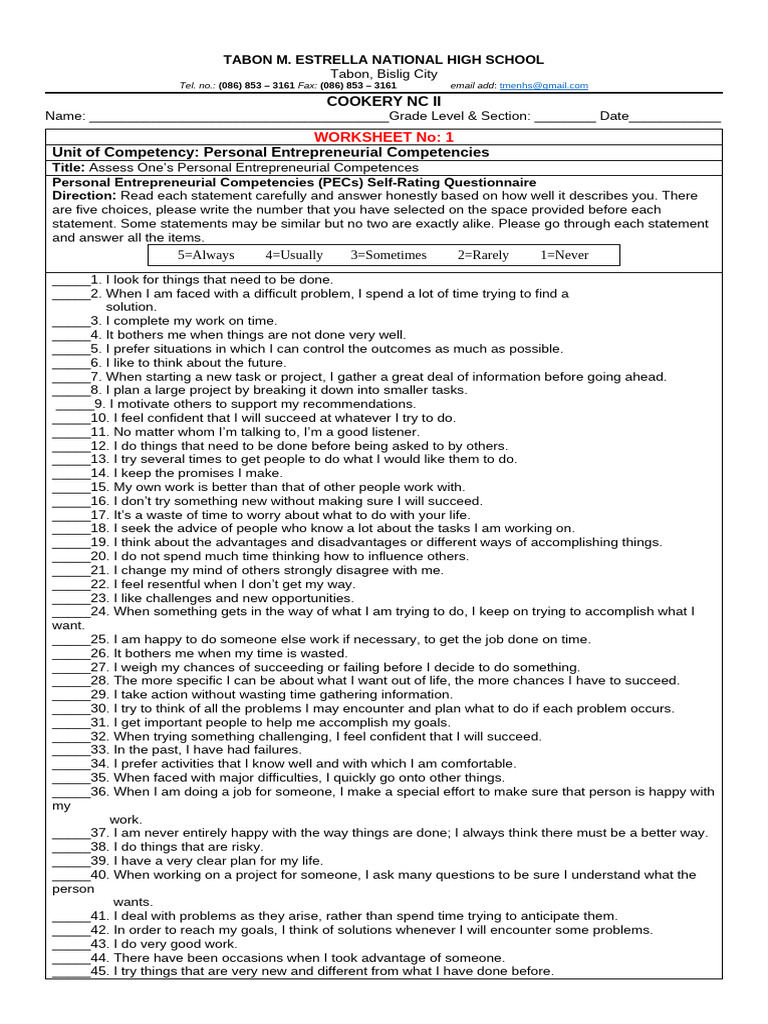 Worksheet 1ST Q Grade 8 Cookery | PDF | Home