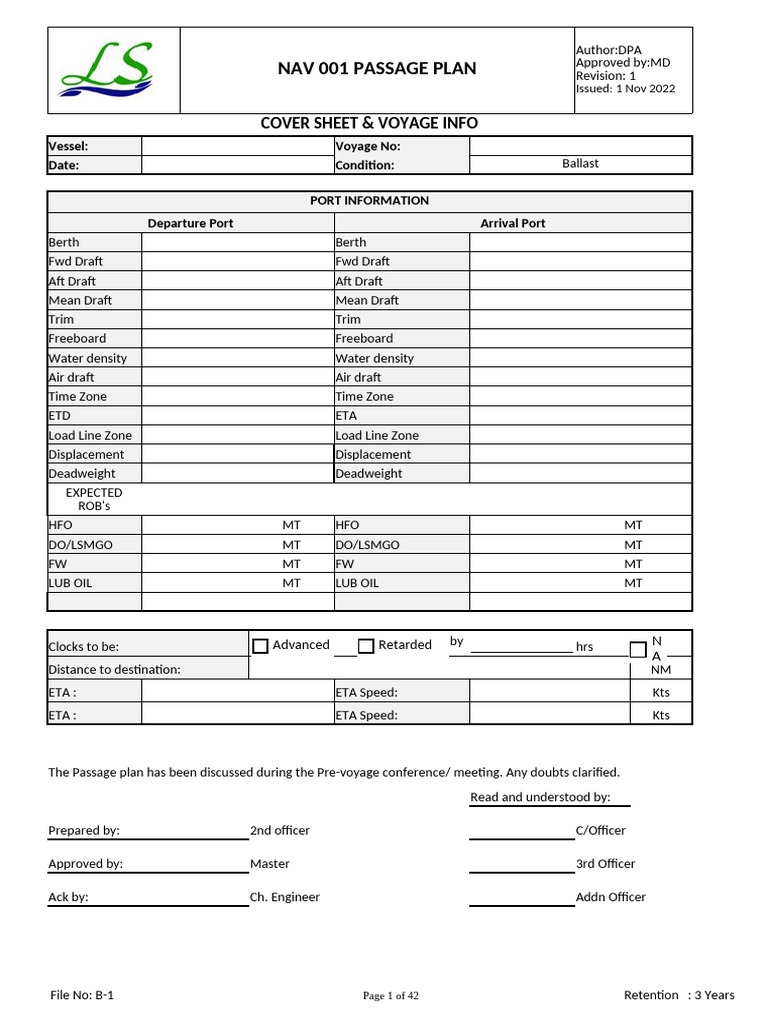 NAV 001 Voyage Passage Plan | PDF | Navigation | Shipping