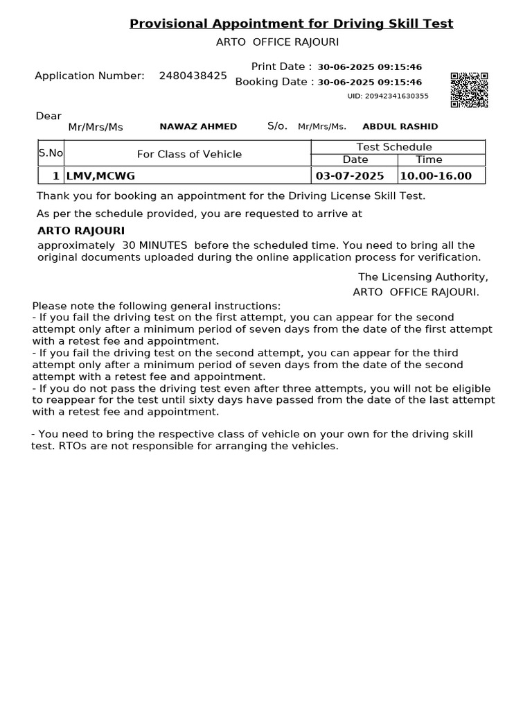 Provisional Appointment For Driving Skill Test: 1 LMV, MCWG 03-07-2025 ...
