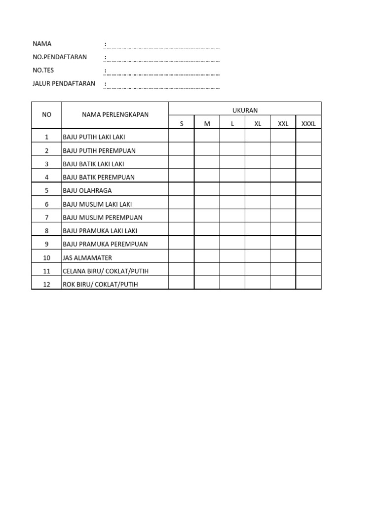 Tabel Isian Ukuran Baju Siswa Baru 2025-1 | PDF