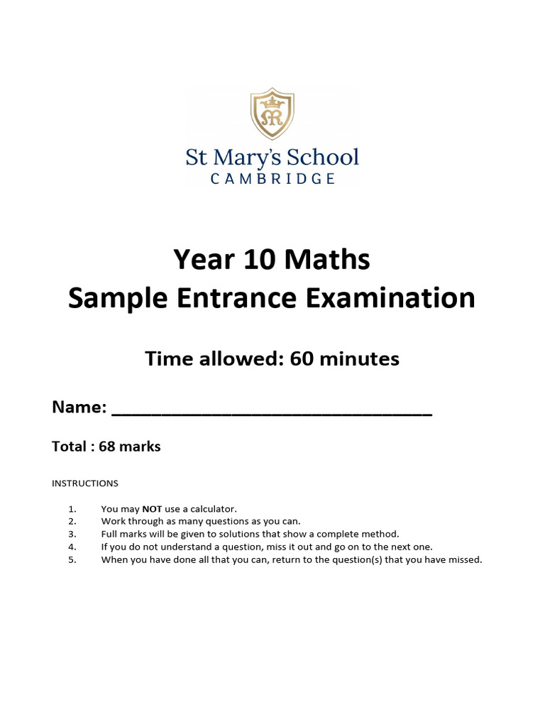 Year 10 Maths Entrance Exam Paper | PDF | Mathematics