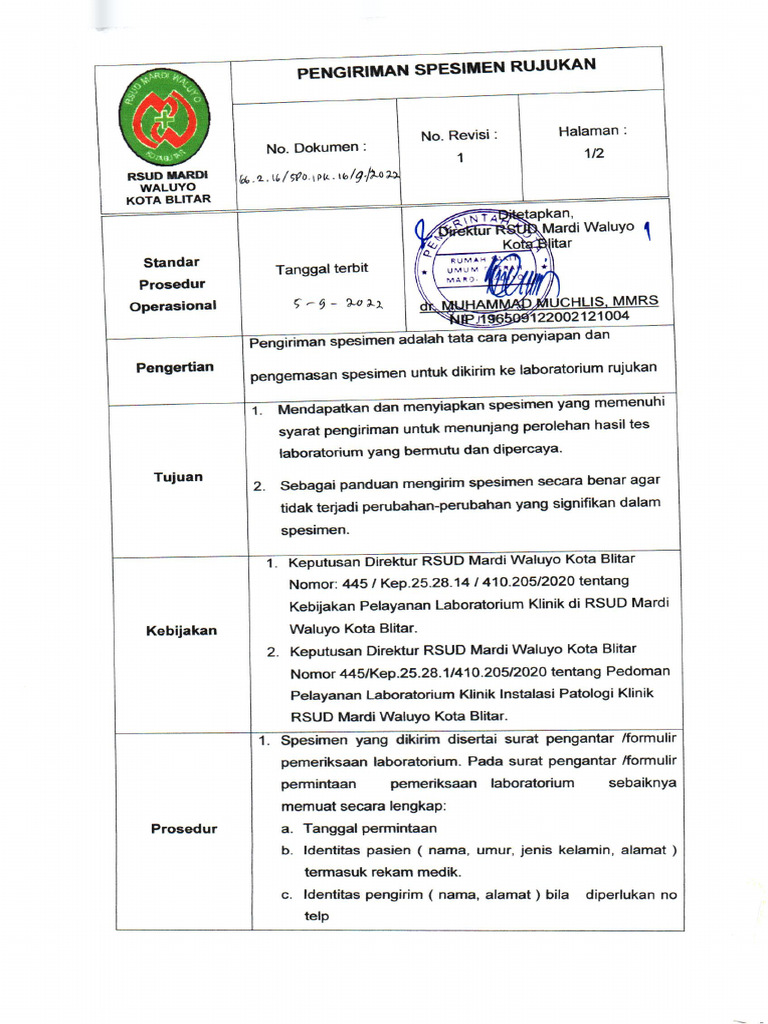 Spo Pengiriman Spesimen Rujukan | PDF