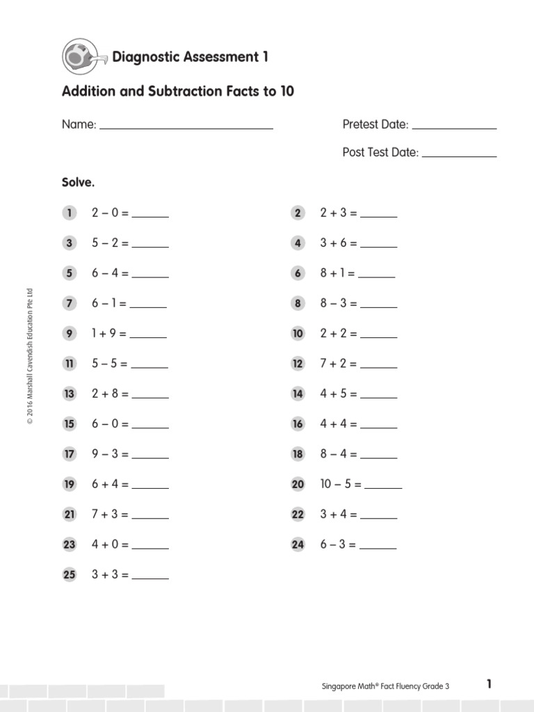 Singapore Math ® Fact Fluency Grade 3 Diagnostic Assessment | PDF ...