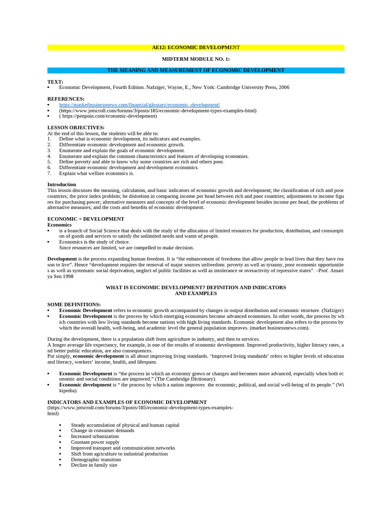 Ae12-Module 1-Meaning of Economic Development | PDF | Gross Domestic ...