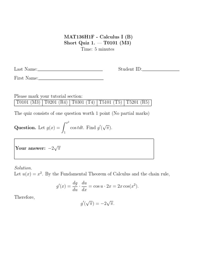 MAT136 SQuiz1 Solutions | PDF | Differential Calculus | Mathematical ...