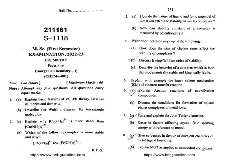 MSC 1 Sem Chemistry Inorganic Chemistry 1 S 1118 2023 | PDF
