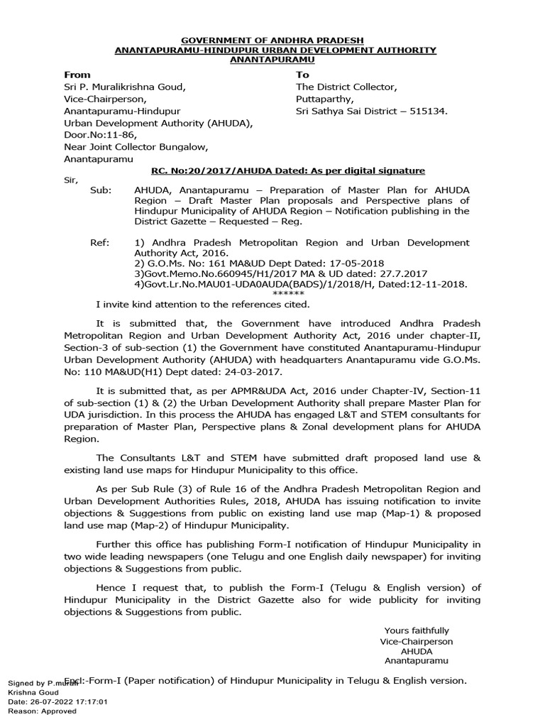 From To: Government of Andhra Pradesh Anantapuramu-Hindupur Urban ...