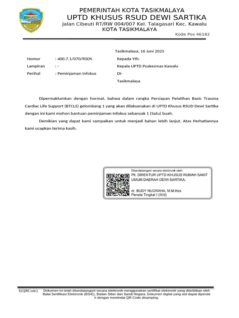 Permohonan Peminjaman Infokus BTCLS | PDF