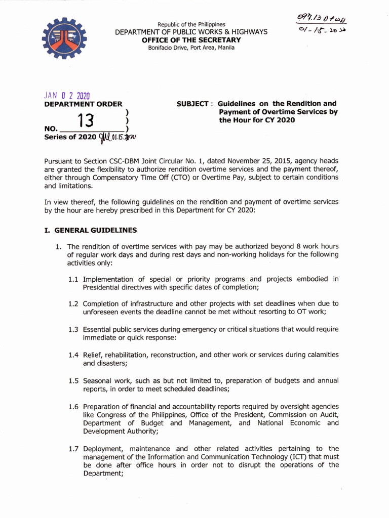 2020 Overtime Payment Guidelines DPWH | PDF | Overtime | Salary
