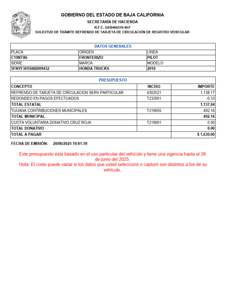 Presupuesto Refrendo de Tarjeta de Circulación - Registro Vehicular | PDF