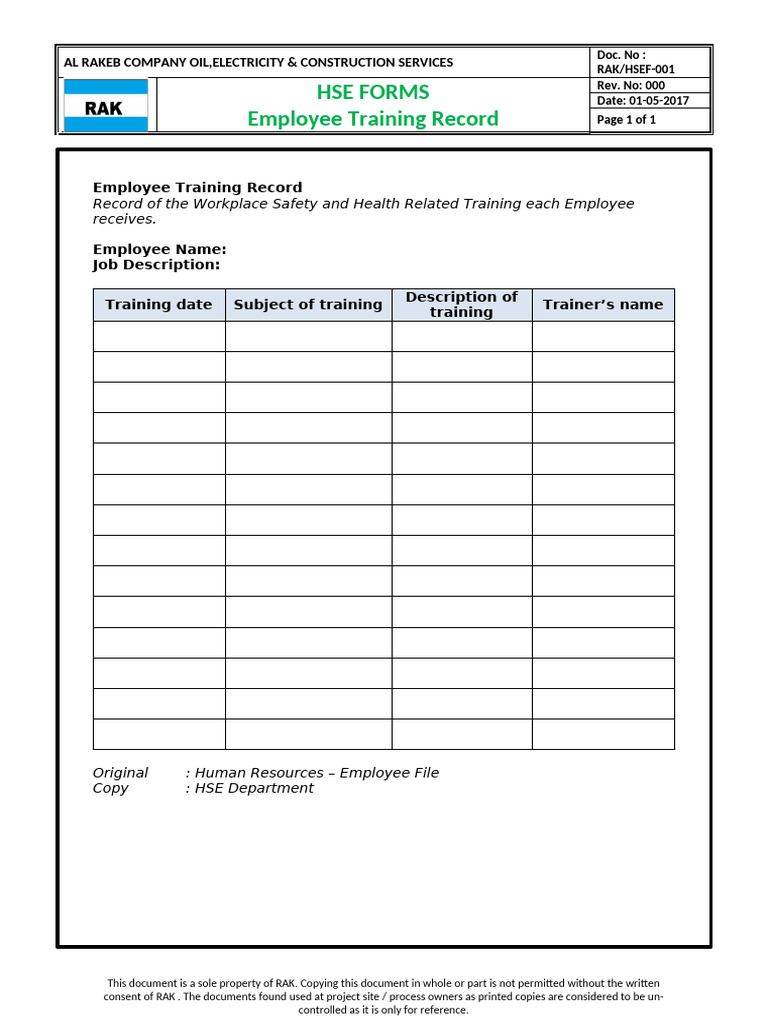 Hsef-001 - Employee Training Record | PDF