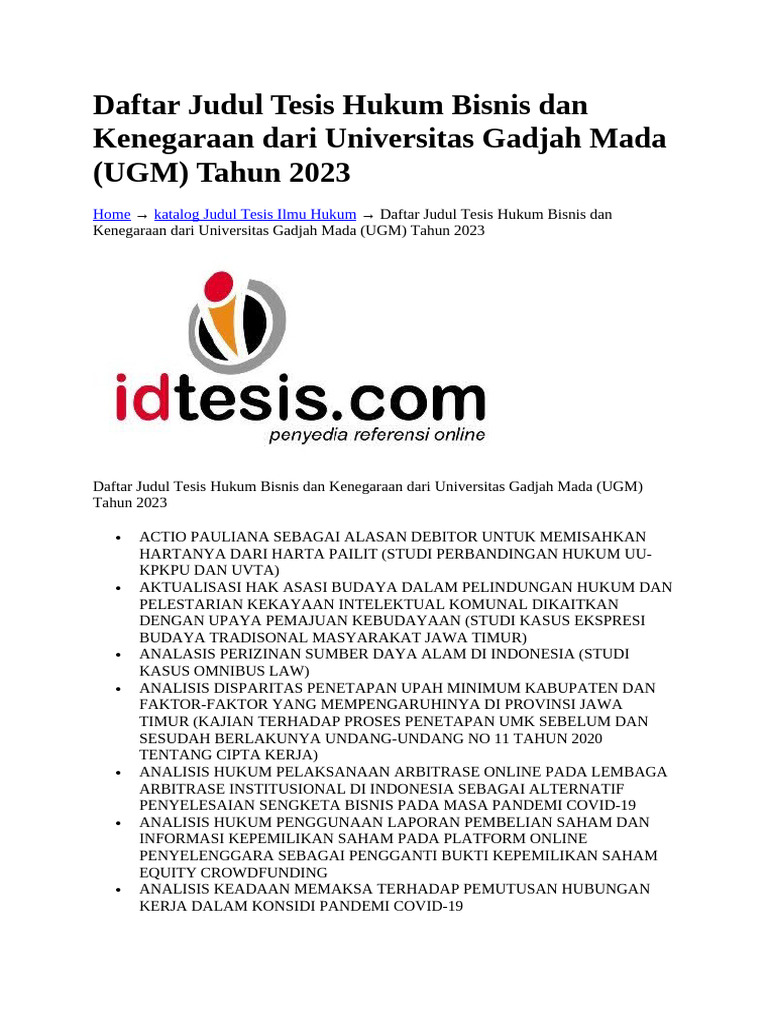 Daftar Judul Tesis Hukum Bisnis UGM 2023 | PDF