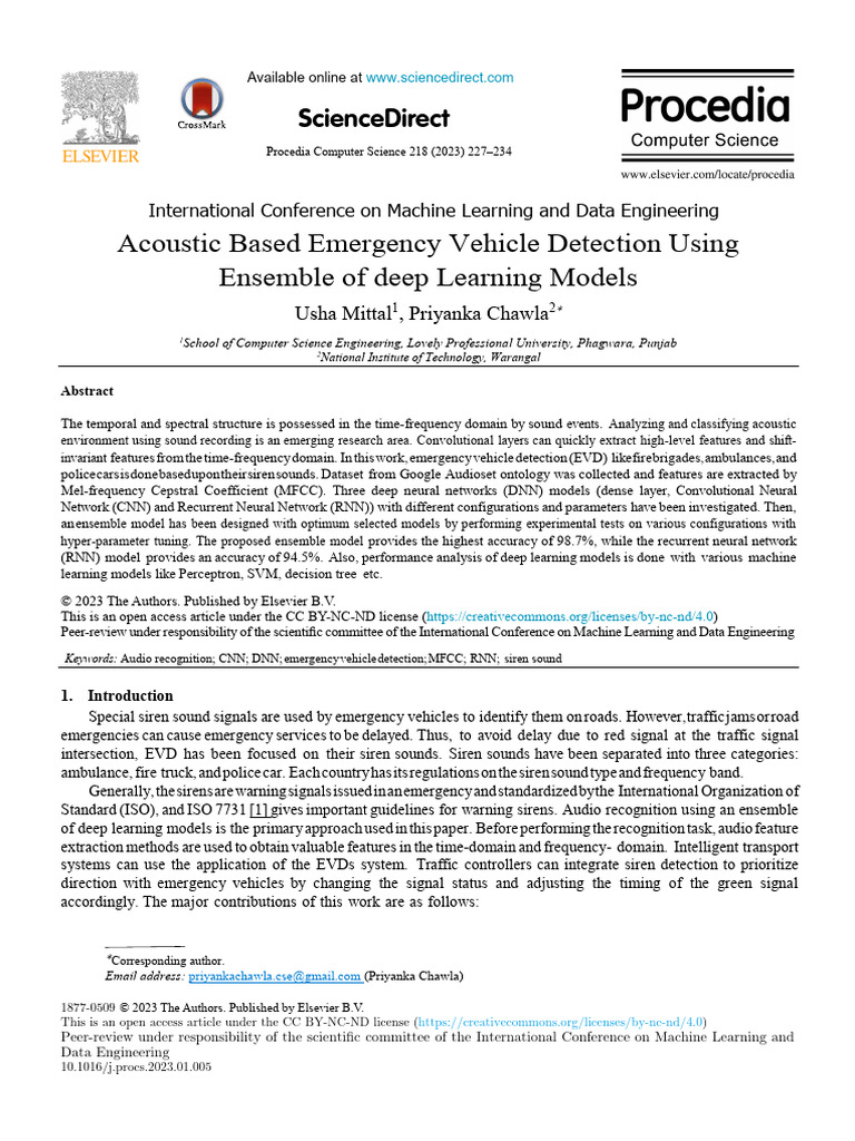 Acoustic Based Emergency Vehicle Detection Using Ensemble Of Deep Learning Models Pdf Deep