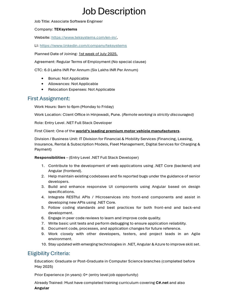 TEKsystems Pune C#.Net Angular Trained Freshers - Job Description | PDF ...
