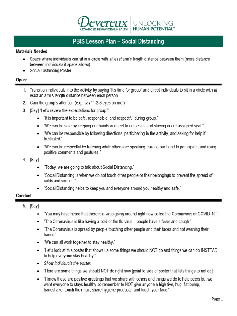 Social Distancing PBIS Lesson Plan 2020 | PDF