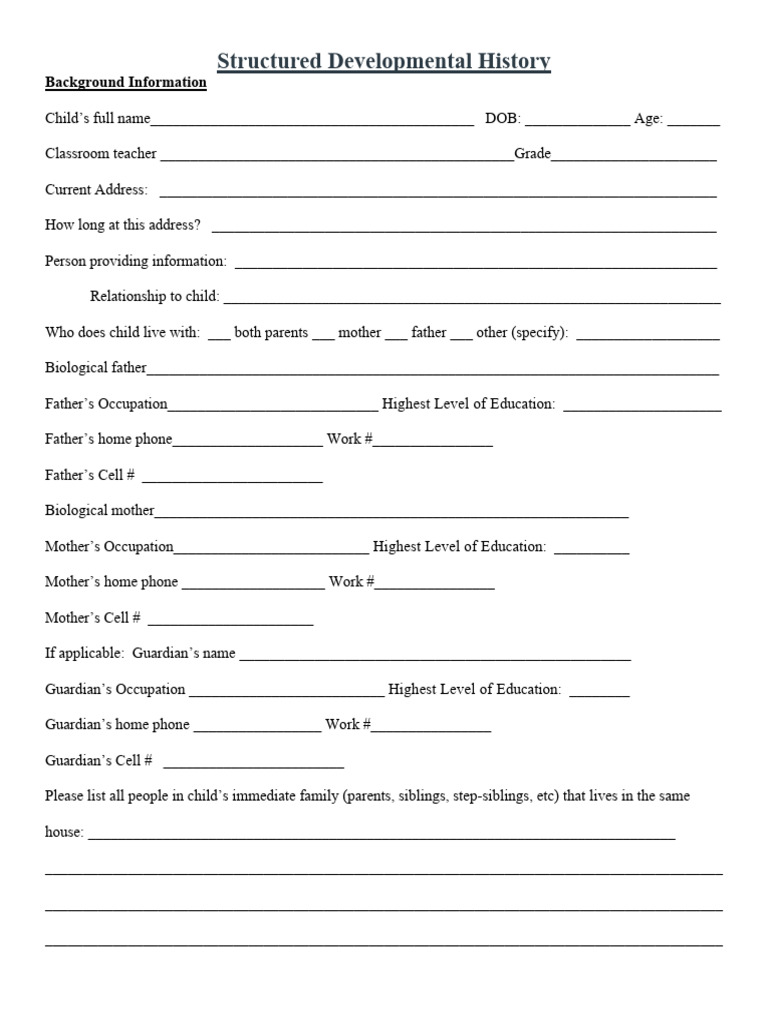 Child Developmental History Form | PDF | Autism | Parent
