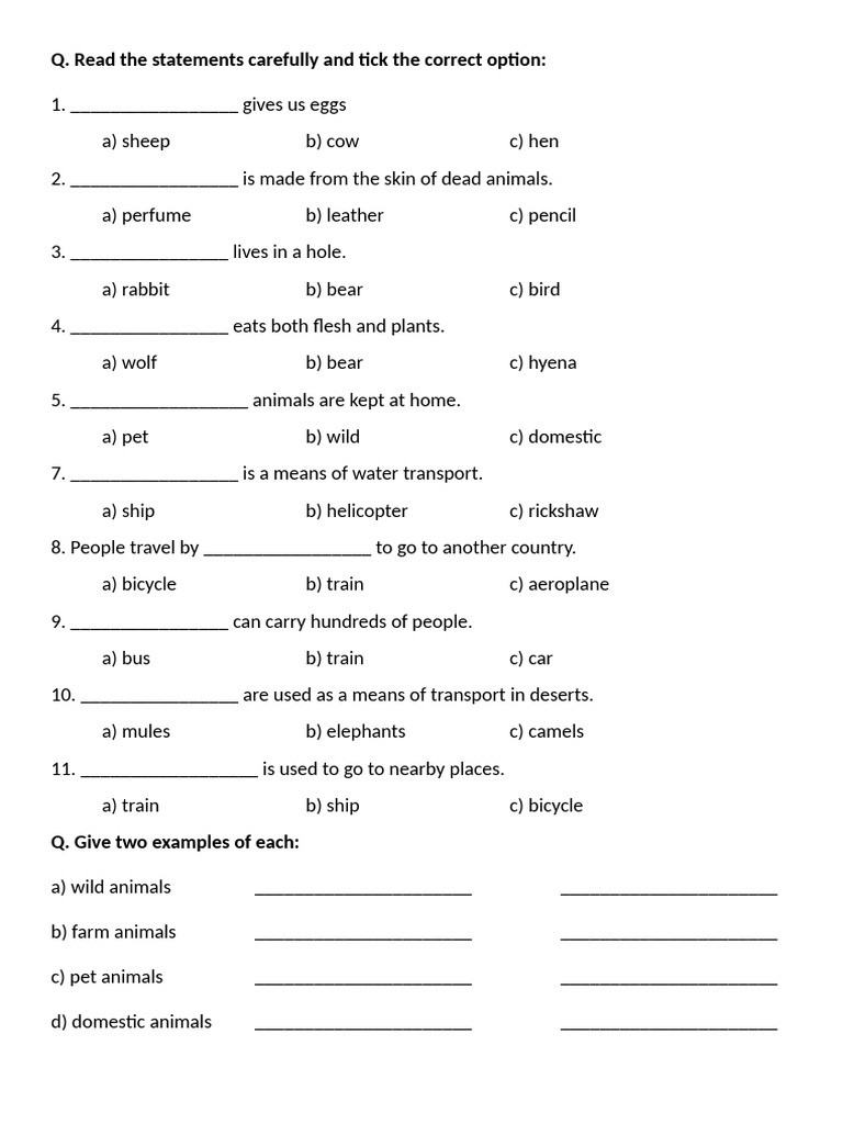 Animal and Transport Quiz Worksheet | PDF | Zoology