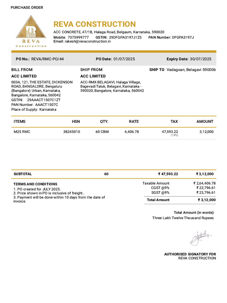 Payment Schedule for PO REVA/RMC-PO/44 | PDF