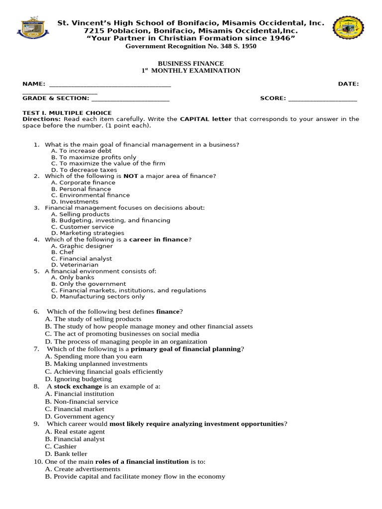 Business Finance 1st Monthly Exam | PDF | Financial Markets | Investing