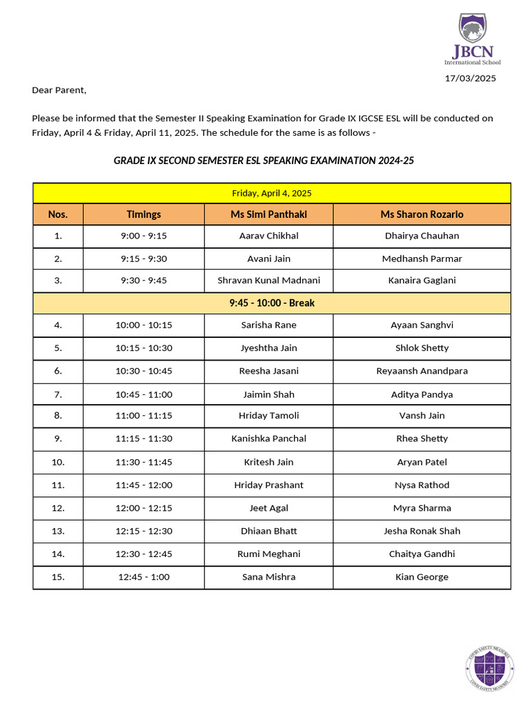 Grade Ix Igcse Esl Speaking Examination 2024 25 Pdf