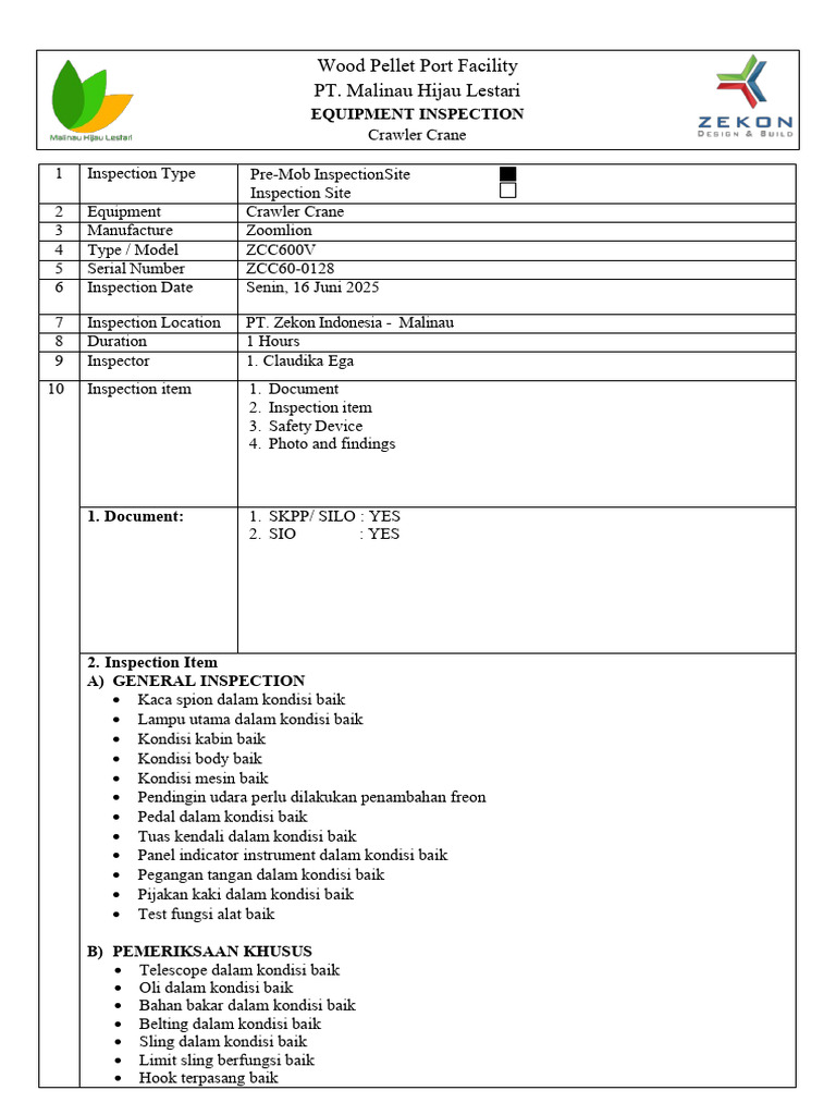 Inspection Report Crawler Crane ZCC60-0128 | PDF