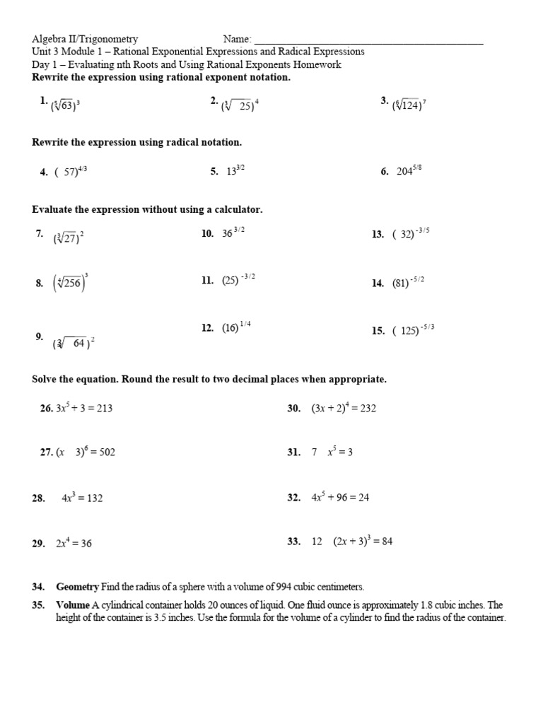 Unit 3 Lesson 1 Assignment Hon 2 Trig: Rational Exponential Expressions ...