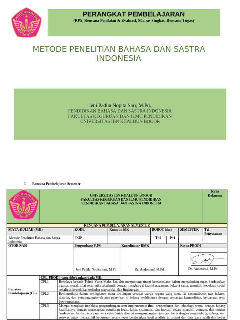 RPS-Metode Penelitian Bahasa Dan Sastra Indonesia | PDF