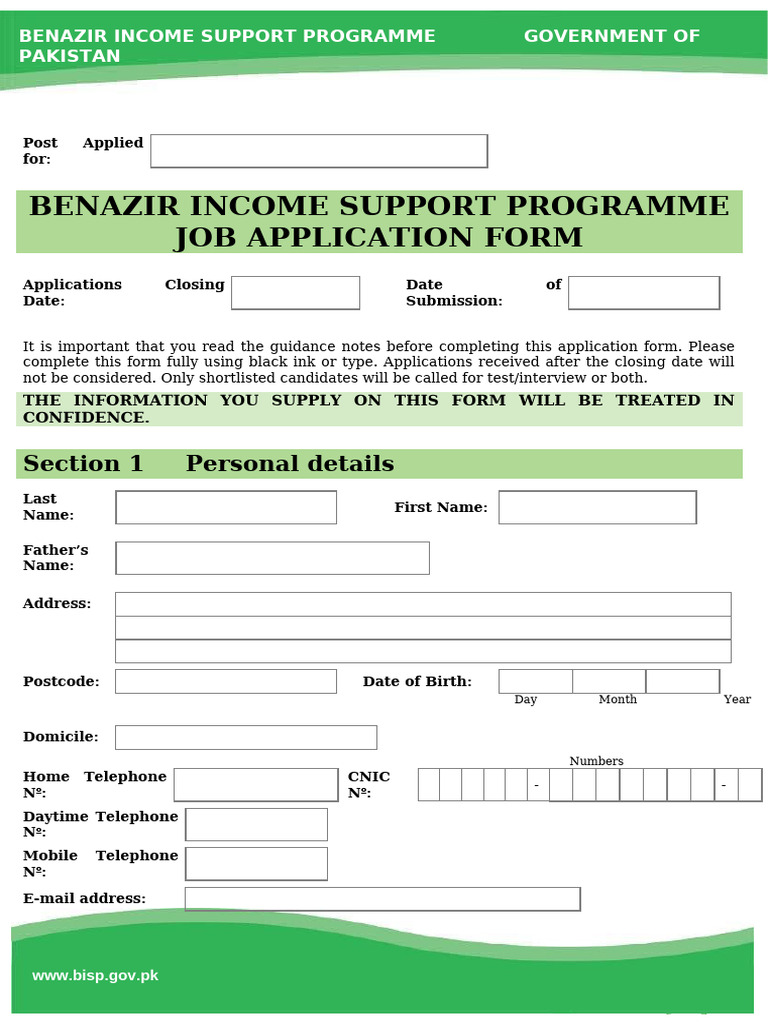 Job Application Form For BISP (Updated) | PDF | Employment | Vocational ...