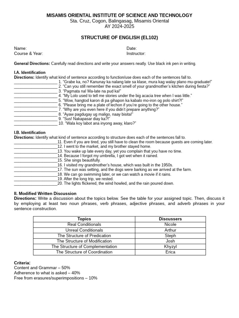 Structure of English Final Testpaper | PDF | Verb | Adverb