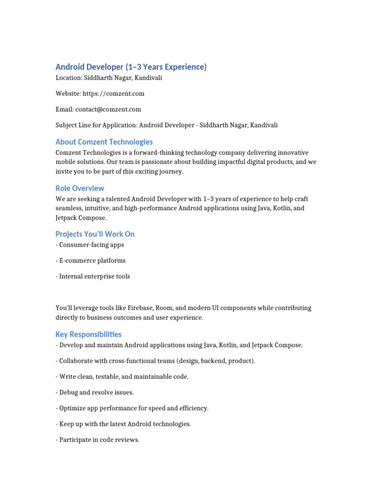Android Developer Comzent Job Description | PDF | Android (Operating System) | Software Engineering