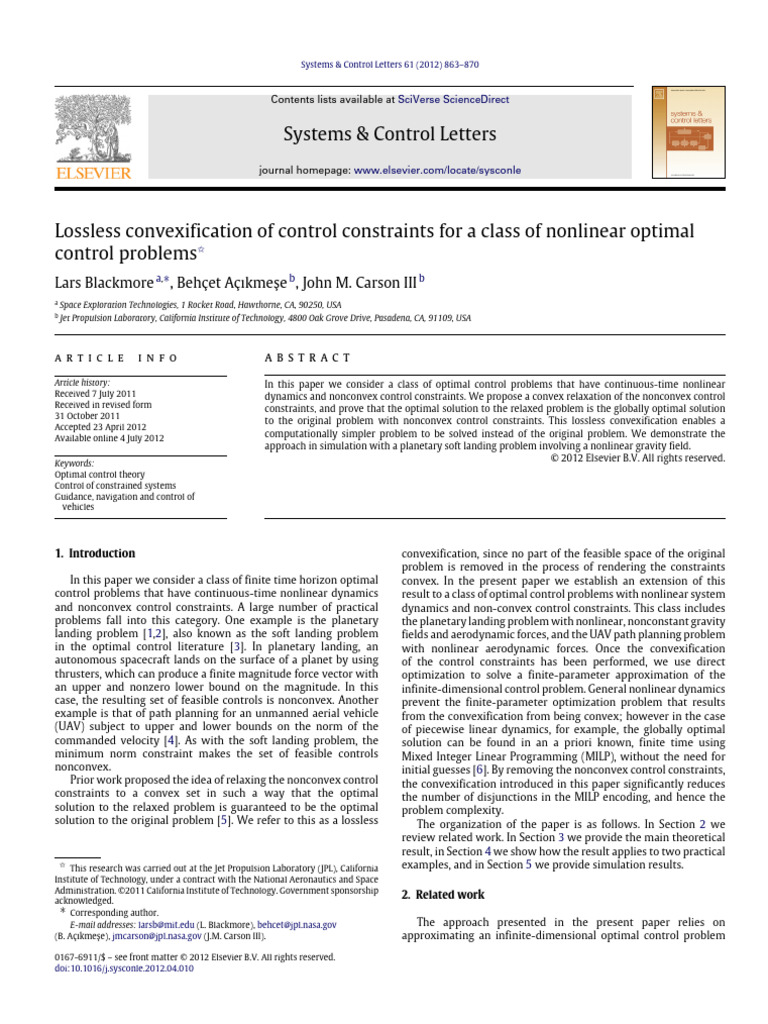 Lossless Convexification of Control Constraints For A Class of ...